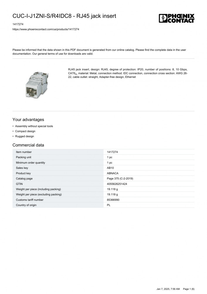 Phoenix Contact 1417274 technical document page 1