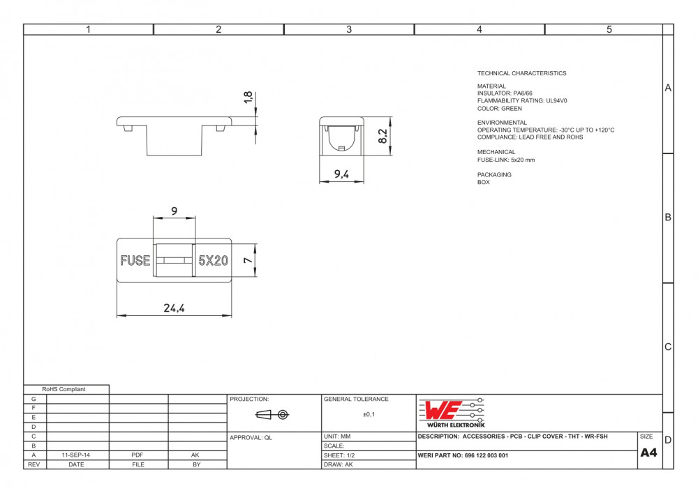 Technical drawing page 1 for part 696122003001