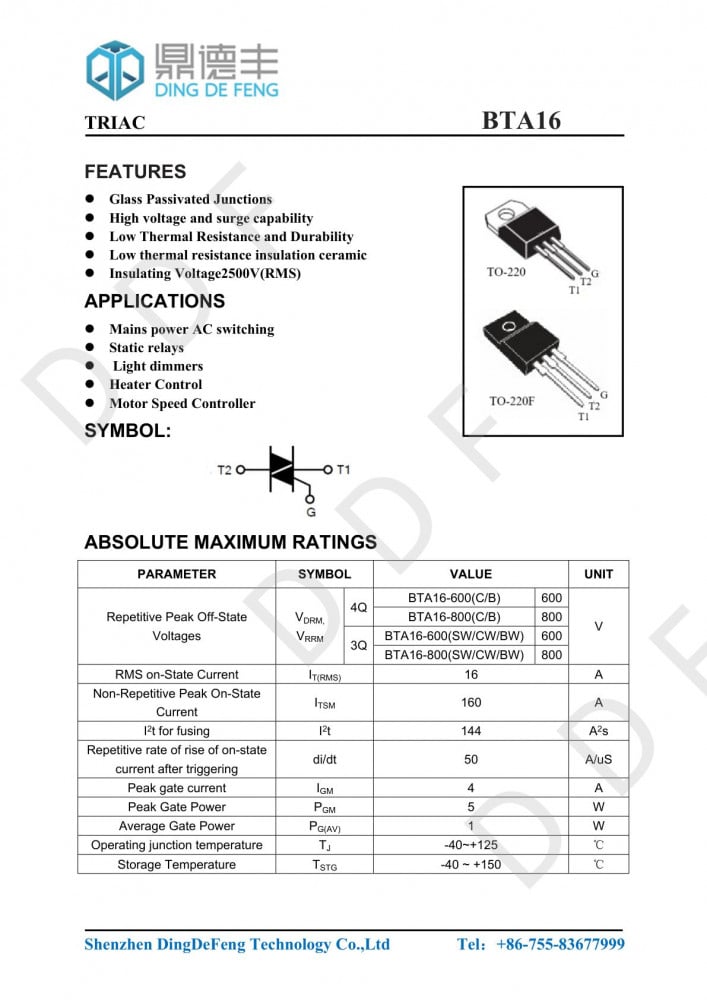 DDF BTA16-600 datasheet page 1