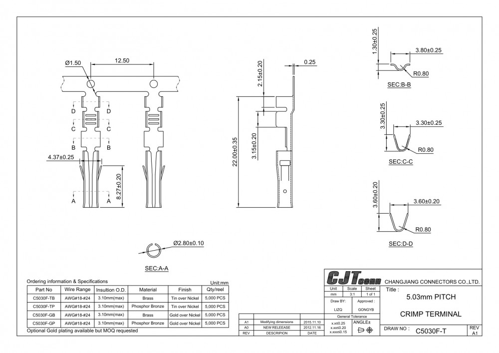 CJT C5030F-T crimp terminal product drawing