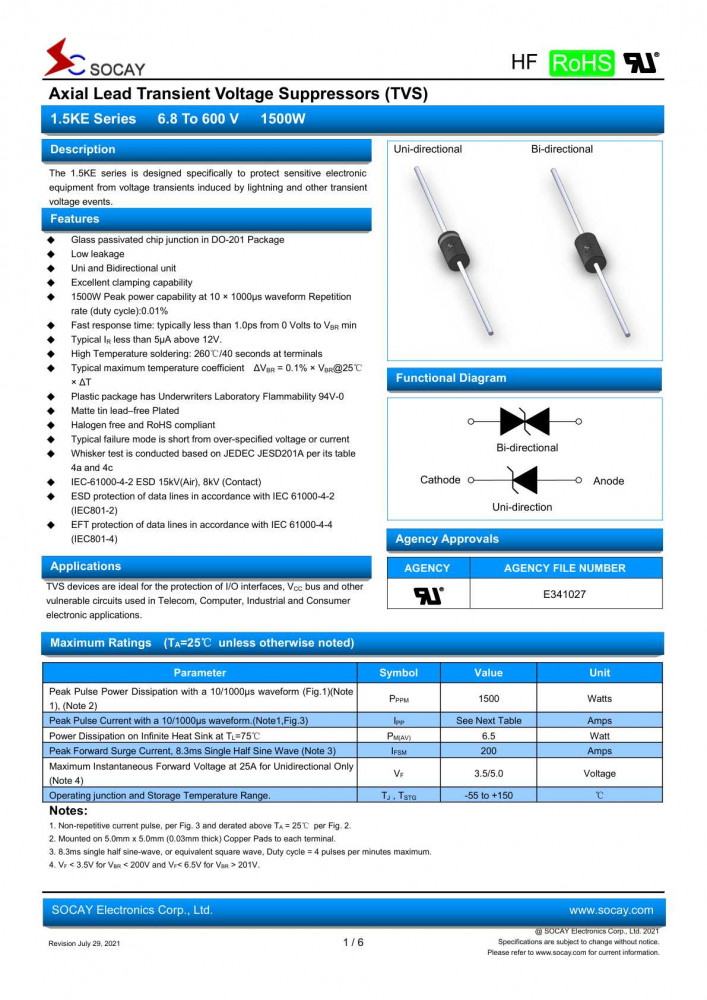 SOCAY 1.5KE series datasheet page 1