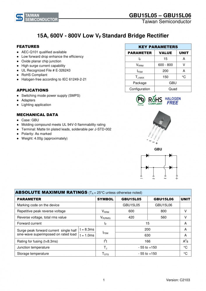 GBU15L06 datasheet page 1