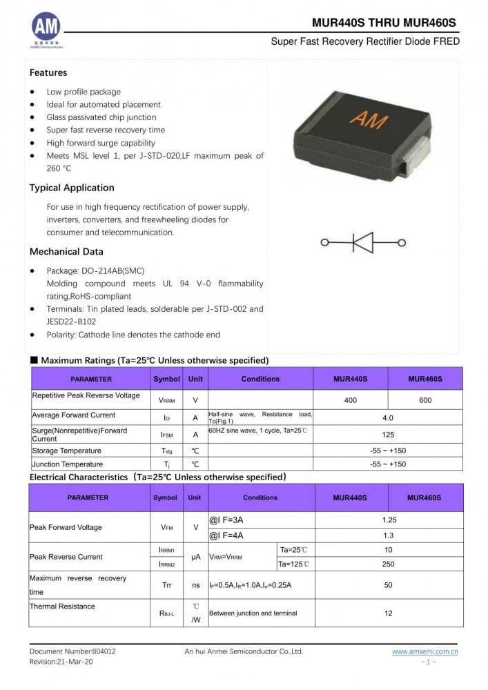 MUR460S datasheet page 1