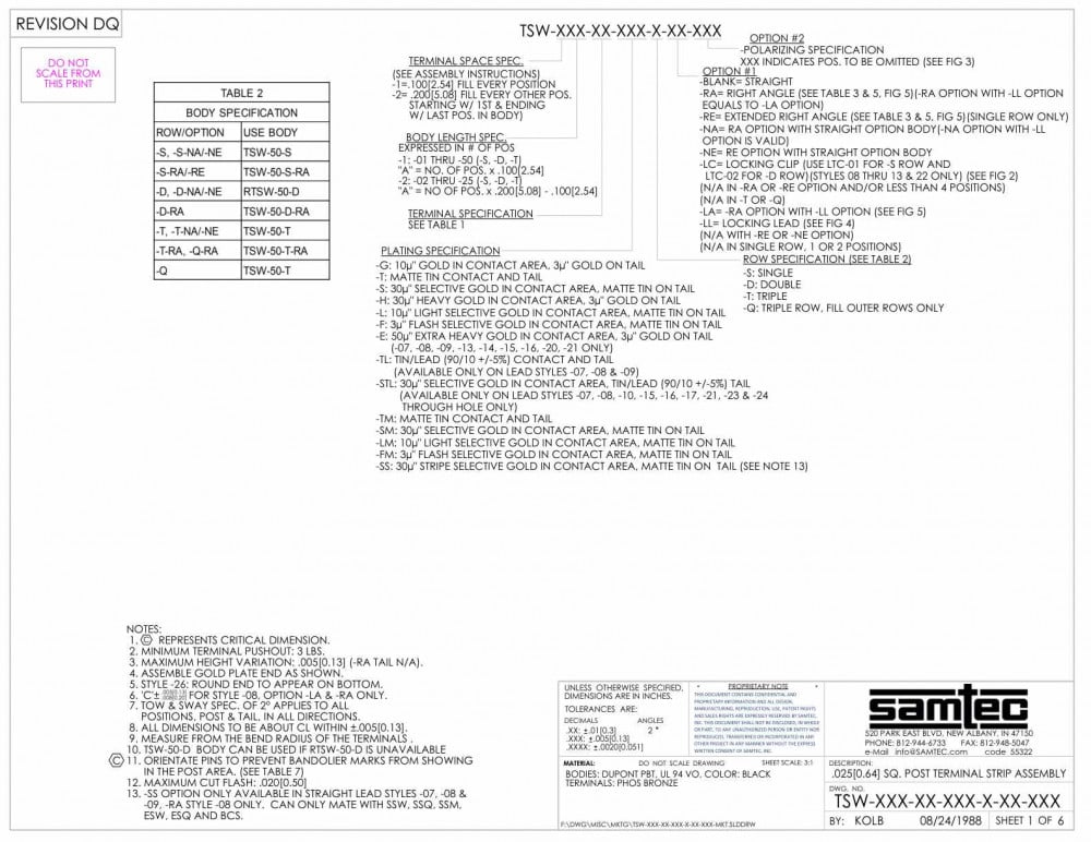 Samtec TSW terminal strip drawing page 1