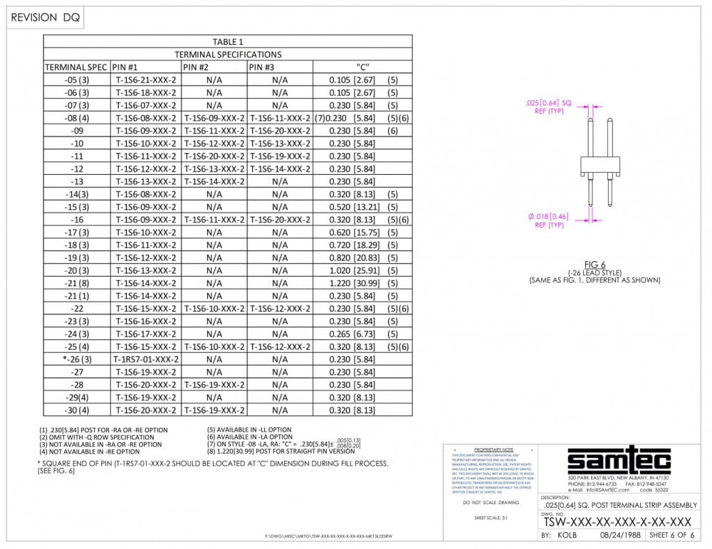 Samtec TSW terminal strip drawing page 6