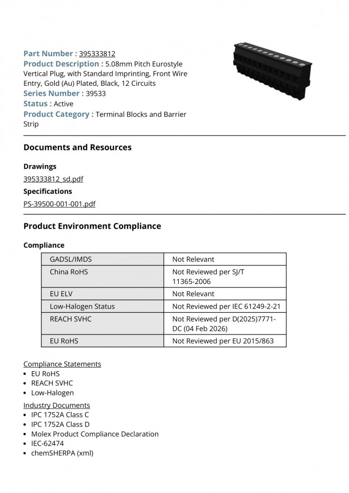 Molex ESE Eurostyle terminal block product specification, page 1