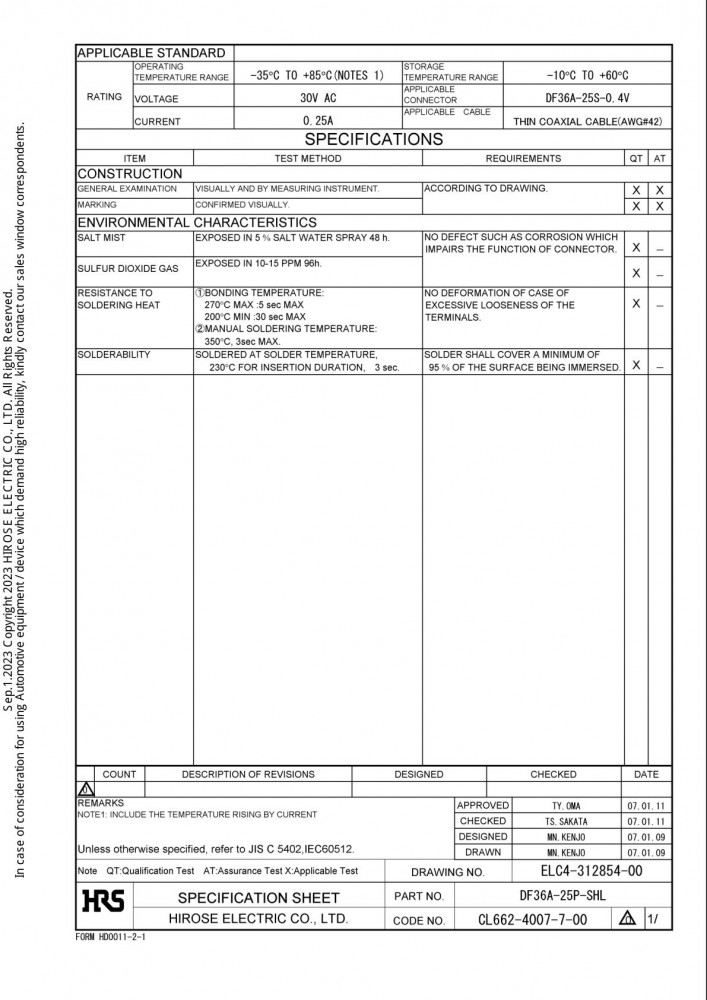 HRS DF36A-25P-SHL specification sheet preview