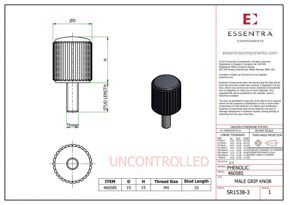 Essentra 460585 male grip knob drawing preview