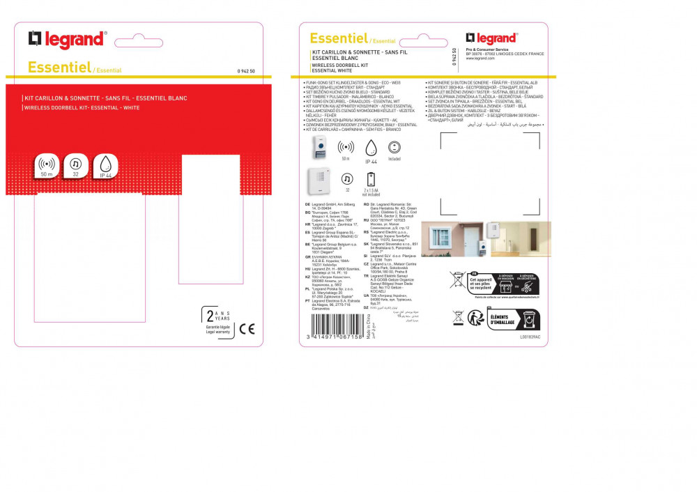 Legrand 094250 wireless doorbell kit product document page