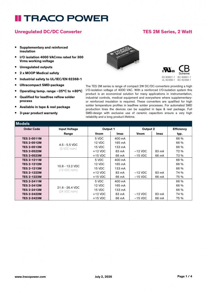 TES 2M series product documentation page 1