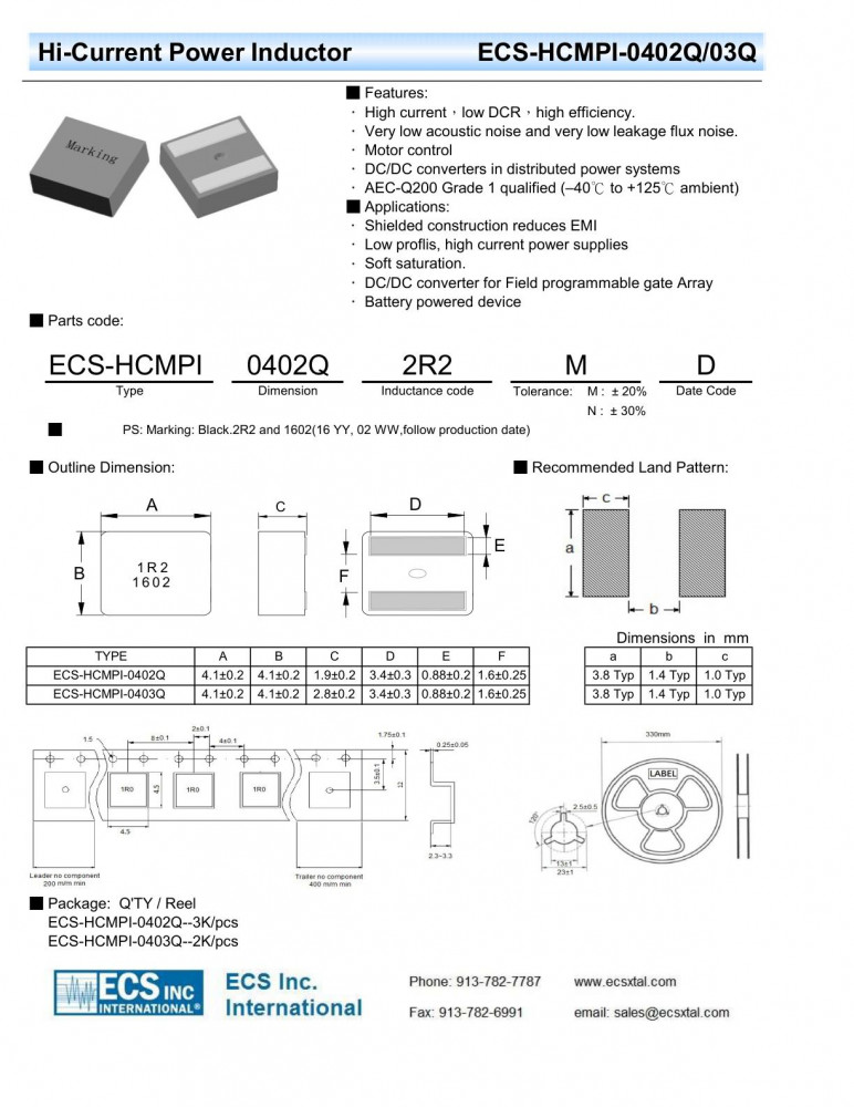 ECS-HCMPI power inductor datasheet page 1