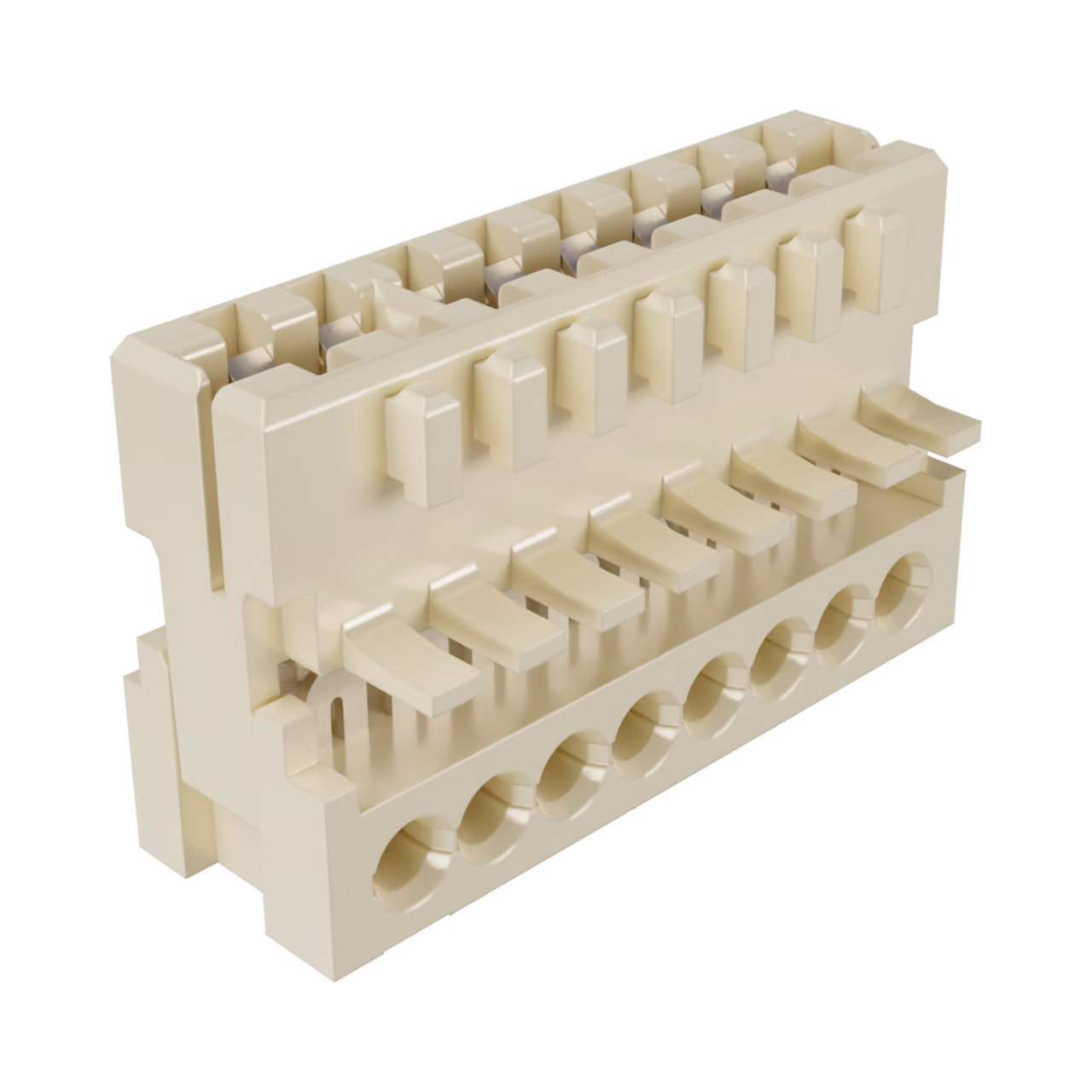 Appli-Mate RAST 2.5 Connector, 2.50mm Pitch, Female, 7 Circuits, Positions A and H Removed, Polarizing Rib Between 4/5, Locking Pips, Slotted Endwalls, Tin Plating
