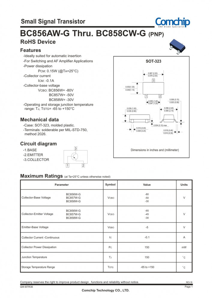 BC856AW-G technical document page 1