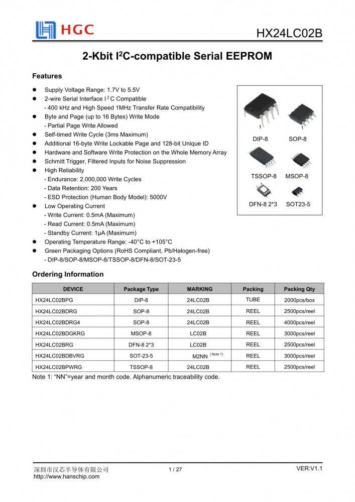 HX24LC02BDBVRG datasheet page 1