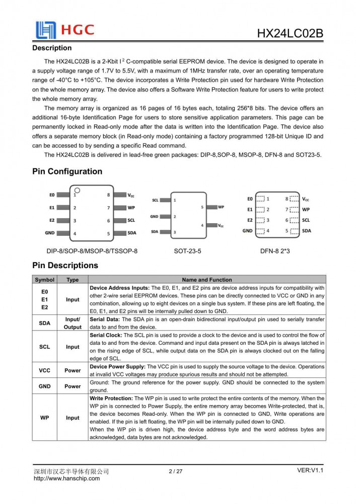 HX24LC02BDBVRG datasheet page 2