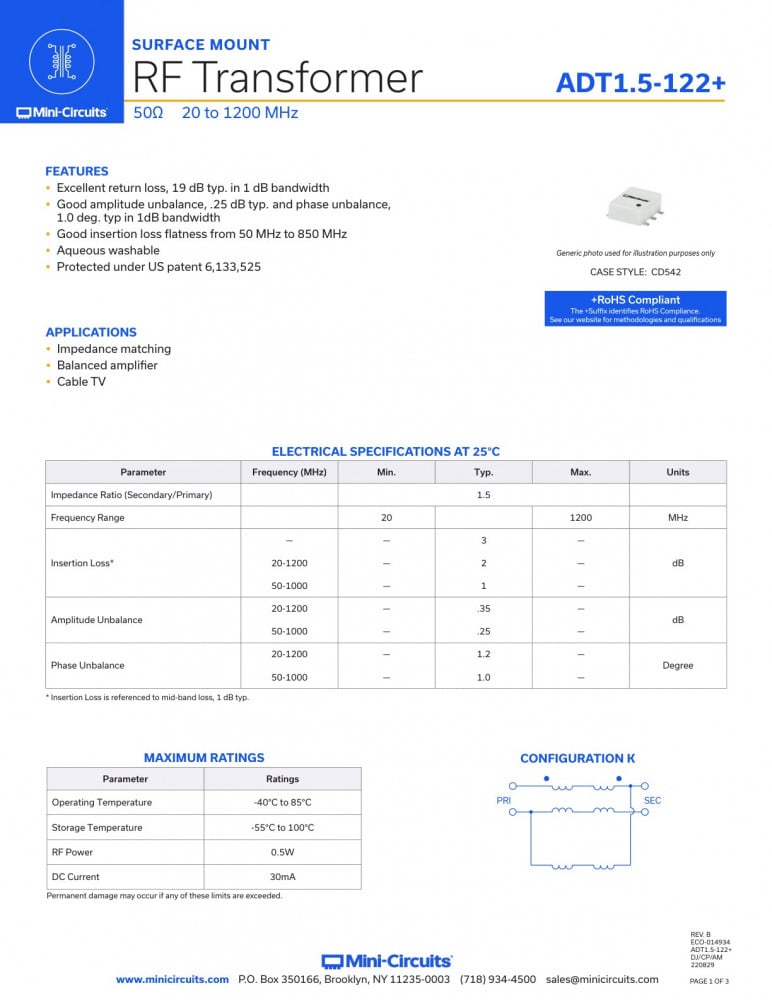 ADT1.5-122+ datasheet page 1