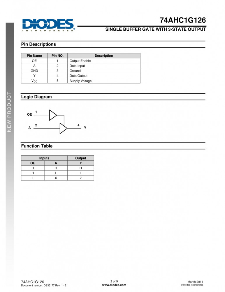 74AHC1G126SE-7 datasheet page 2