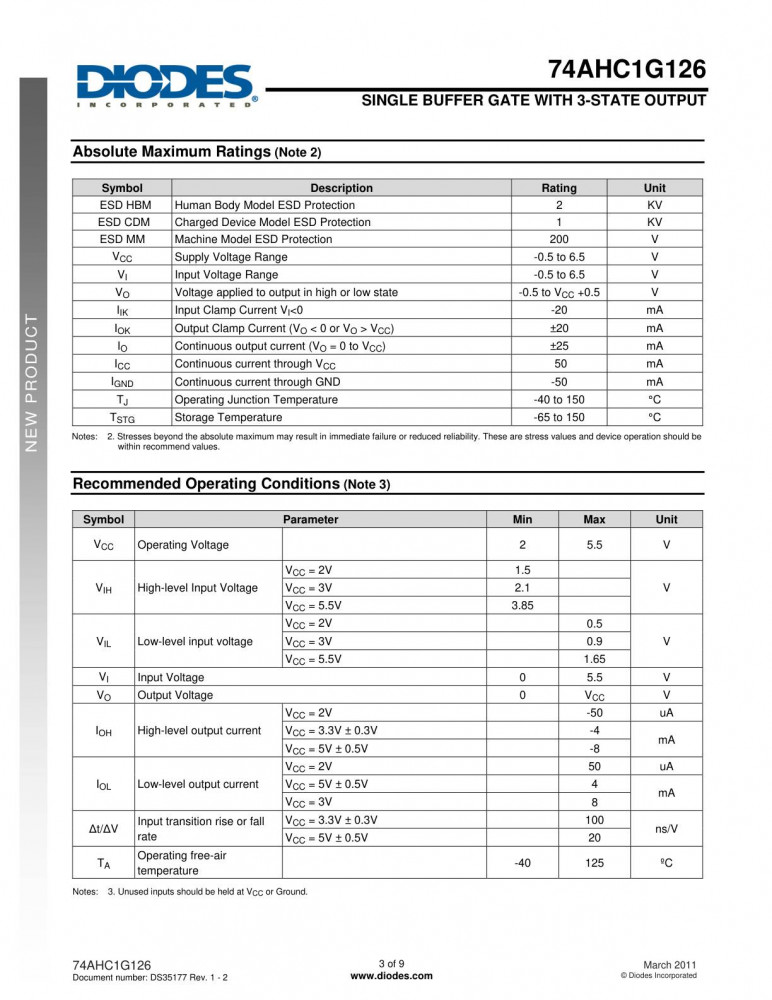 74AHC1G126SE-7 datasheet page 3