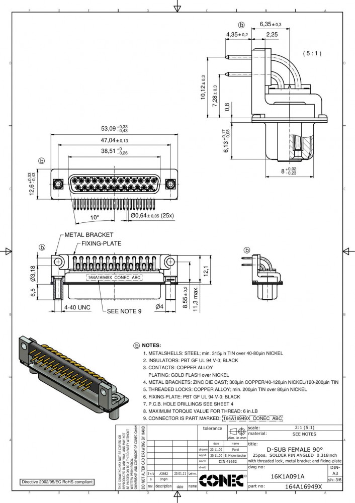 CONEC 25-position D-Sub drawing sheet