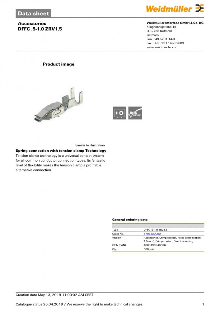 WEIDMULLER 1705320000 product document page 1
