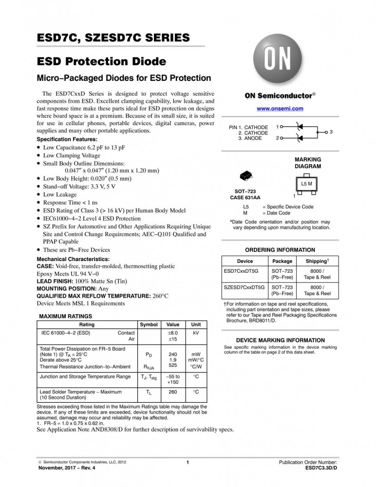 ESD7C3.3DT5G datasheet page 1