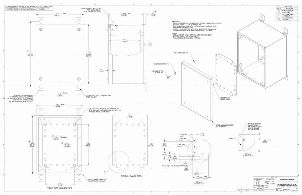 Bud Industries SNC-3750 sheet-metal enclosure drawing