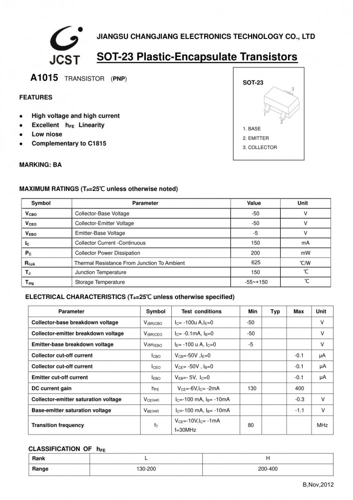 JSCJ A1015 transistor datasheet page