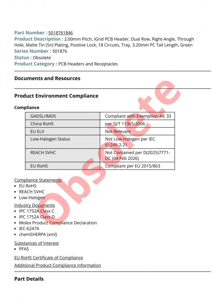 Product document image 1 for MOLEX 5018761846