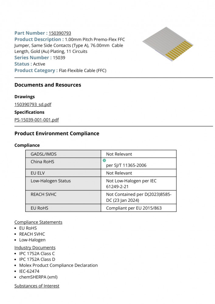 Molex FFC family specification, page 1