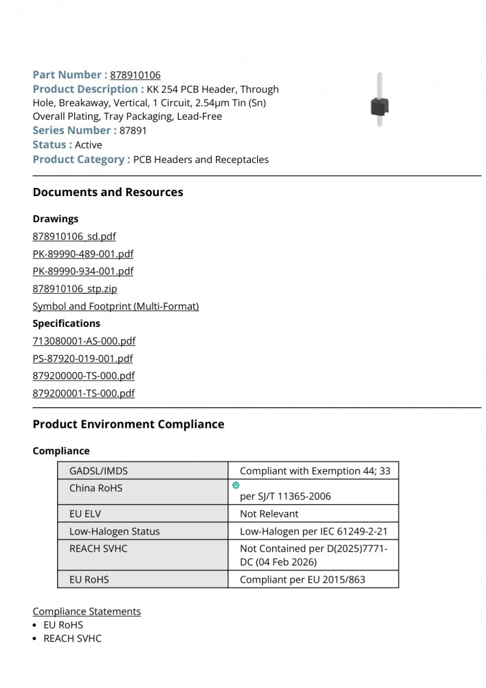 MOLEX 878910106 technical document preview, page 1