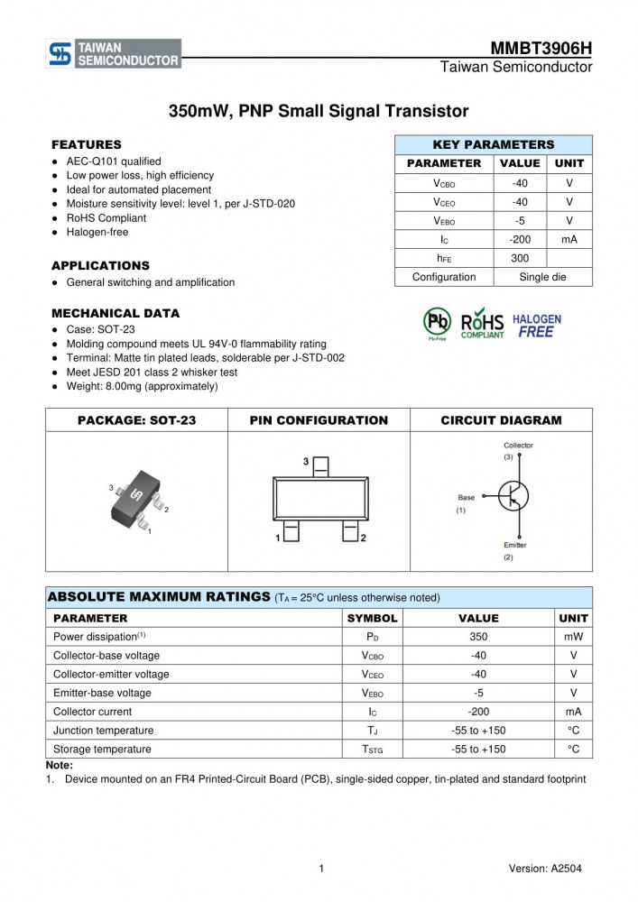MMBT3906H datasheet page 1