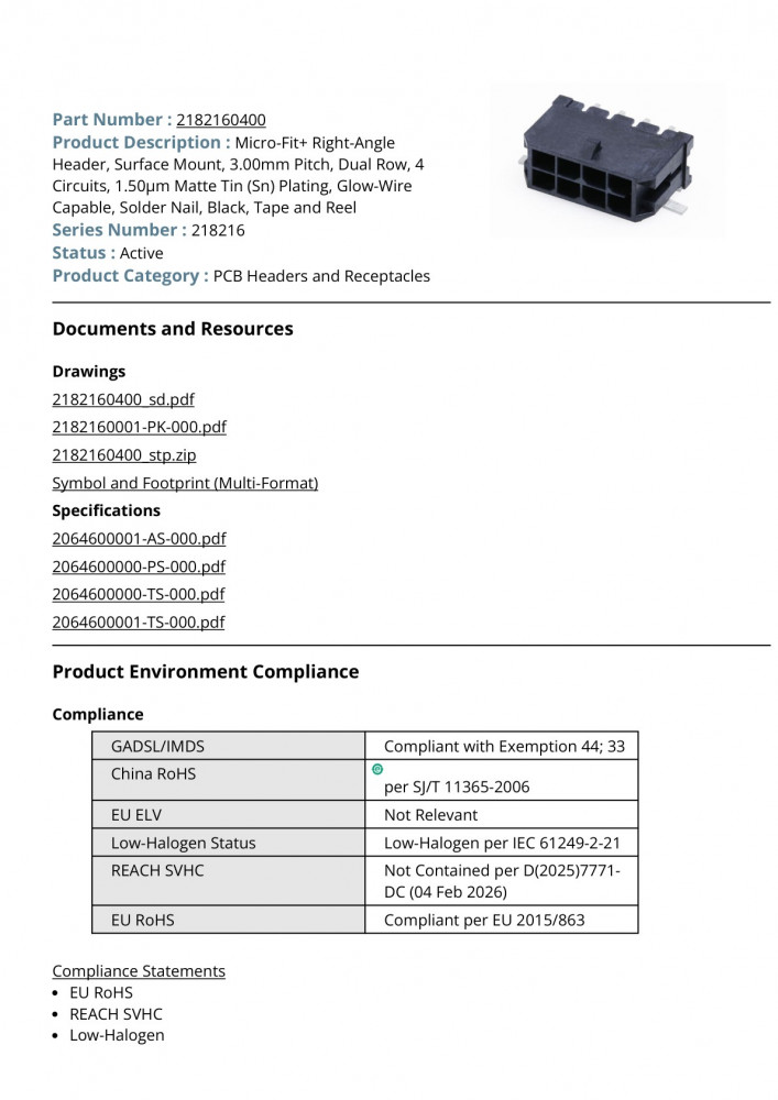MOLEX 2182160400 technical document preview, page 1