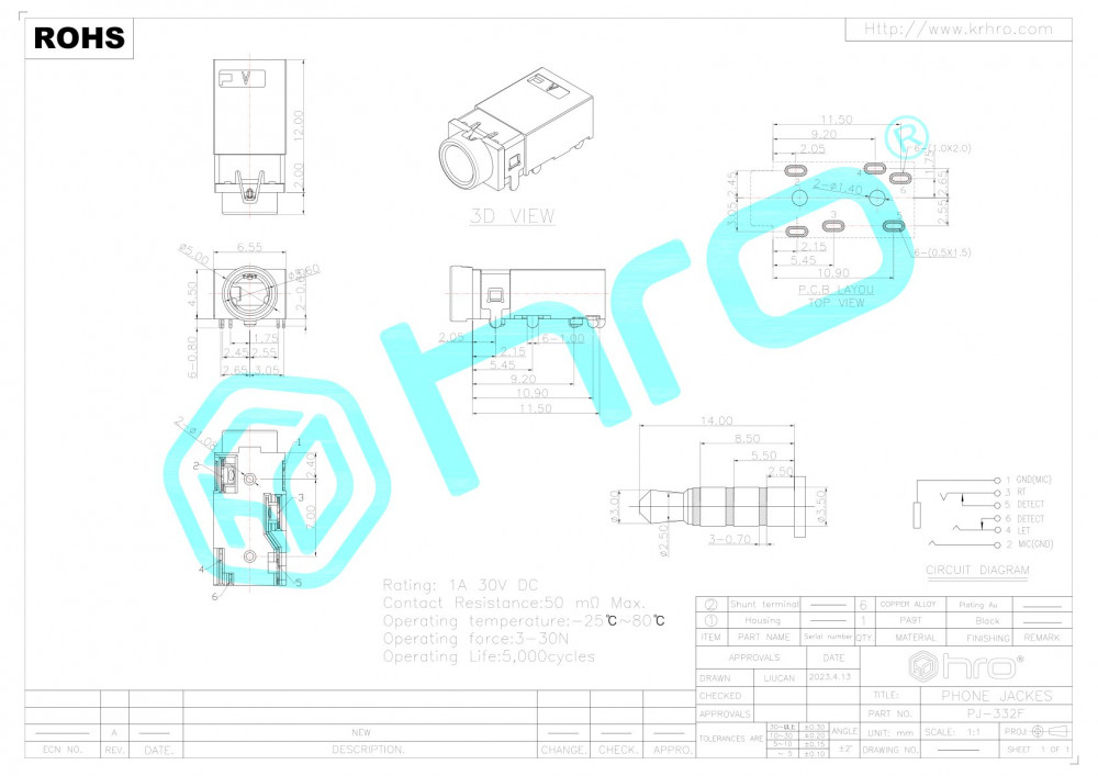 Korean Hroparts Elec PJ-332F phone jack drawing