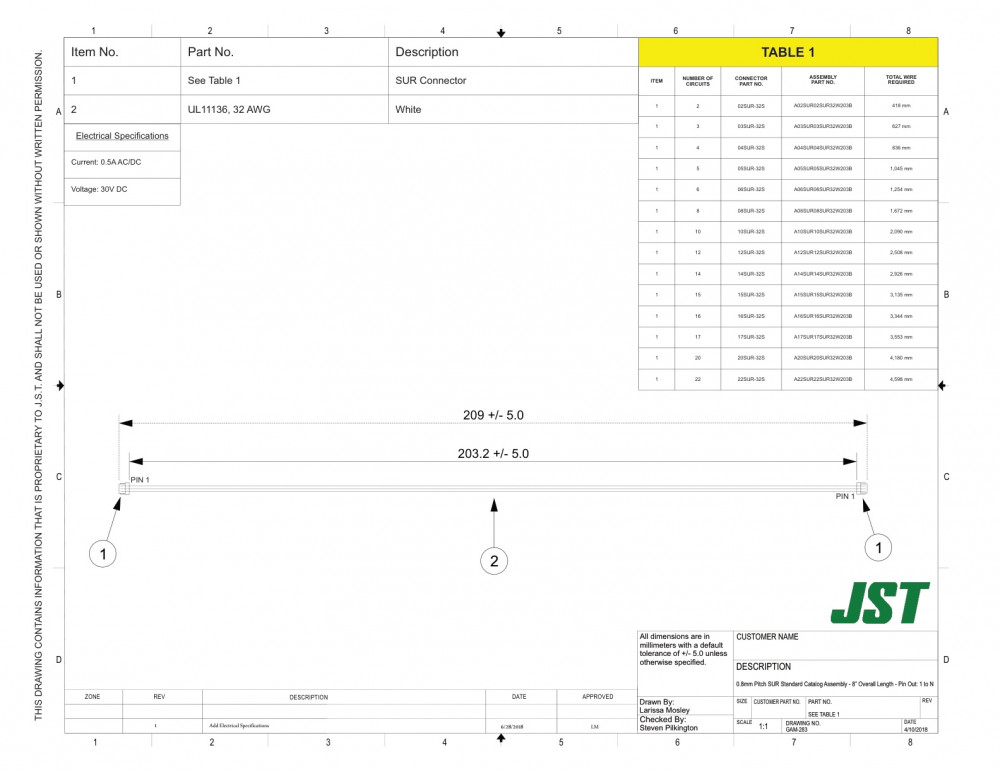 JST SUR cable assembly drawing preview