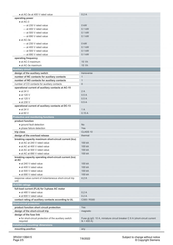 3RV24110BA15 technical document page 2