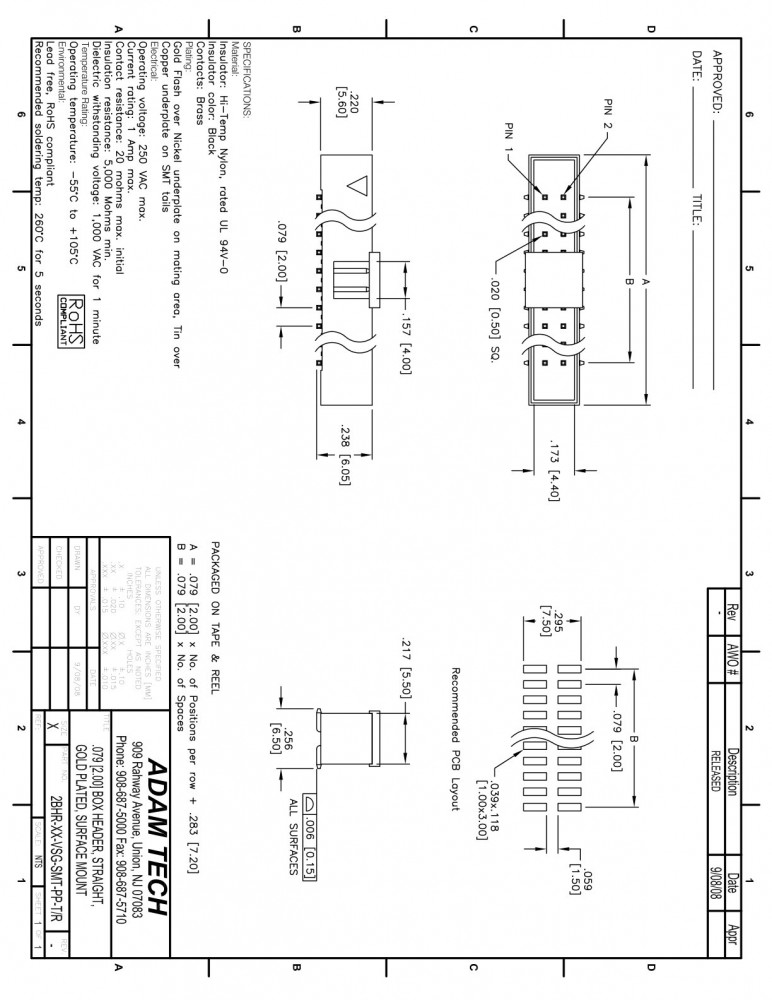 ADAM TECH box header drawing preview for 0.079 inch [2.00 mm] straight gold-plated surface-mount connector
