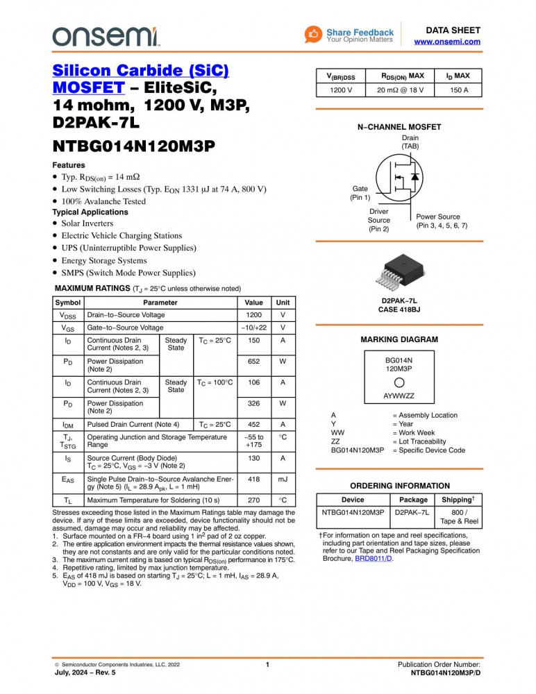 NTBG014N120M3P datasheet page 1
