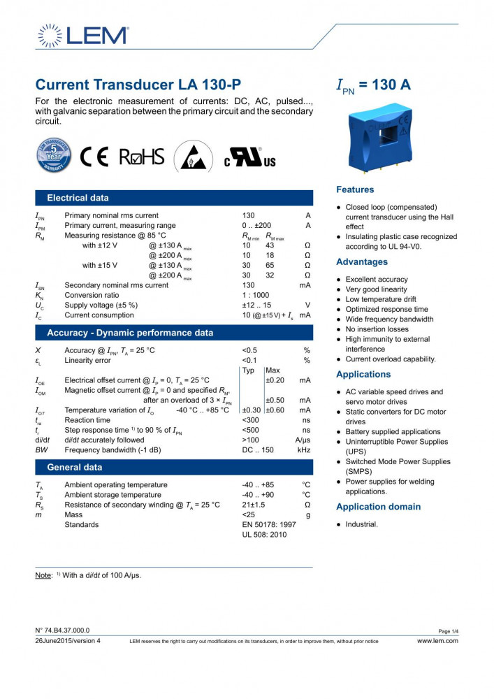 LA130-P datasheet page 1