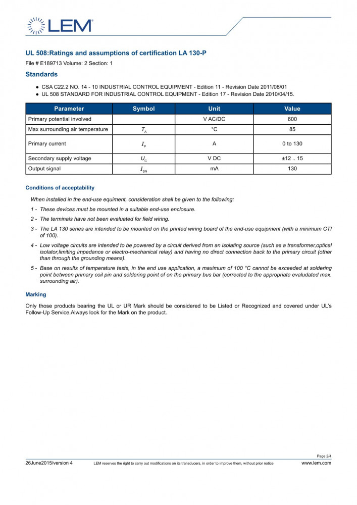 LA130-P datasheet page 2