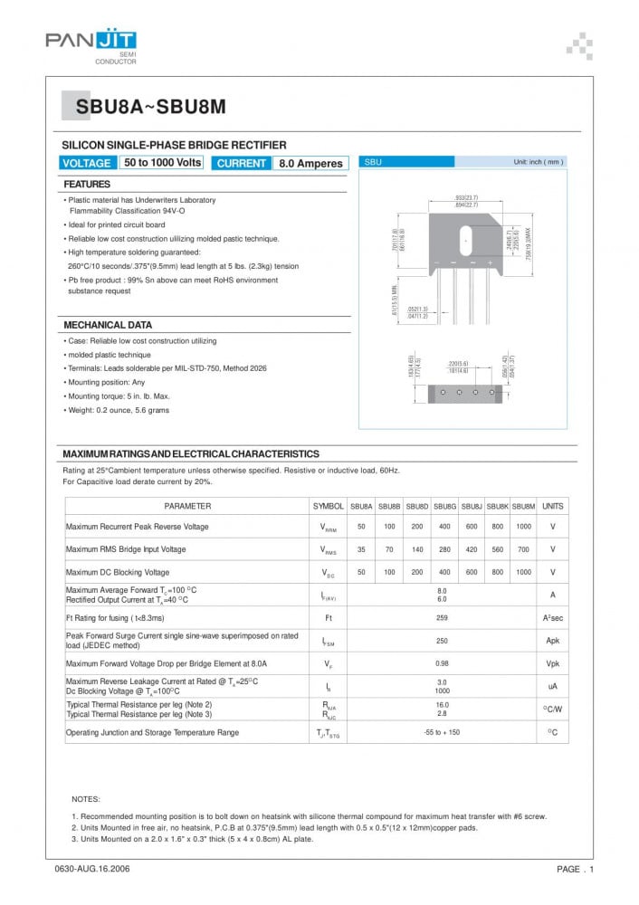 PANJIT SBU8J-PEC datasheet page 1