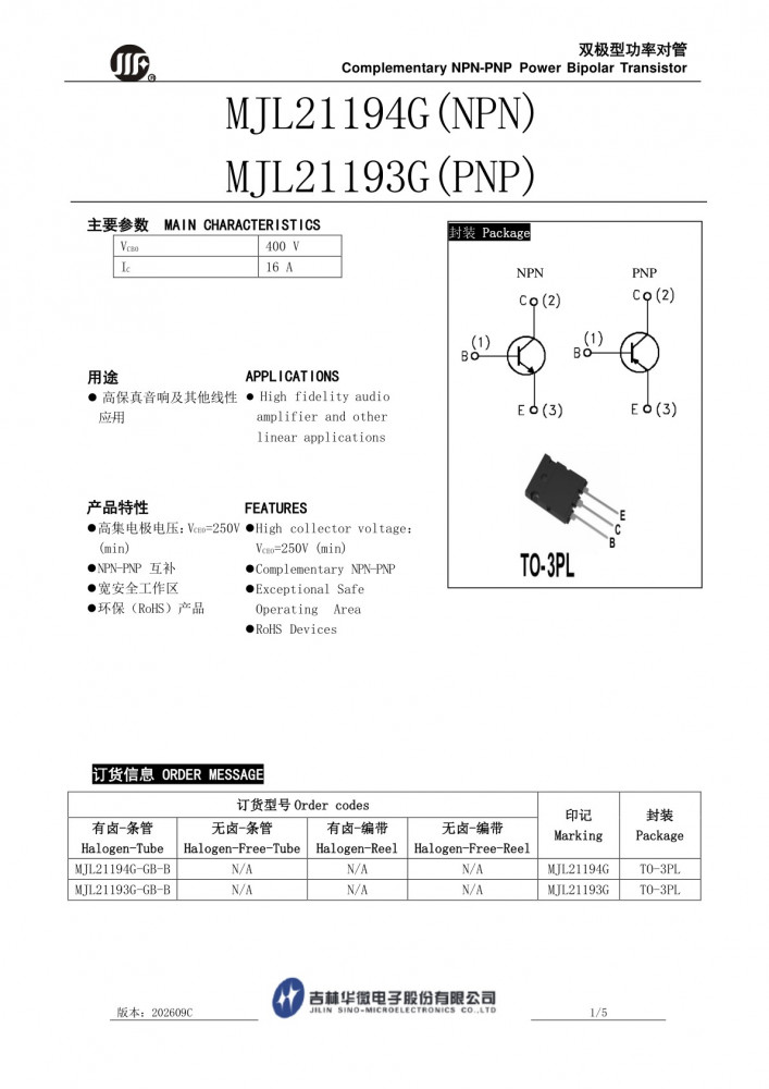 MJL21193G datasheet page 1