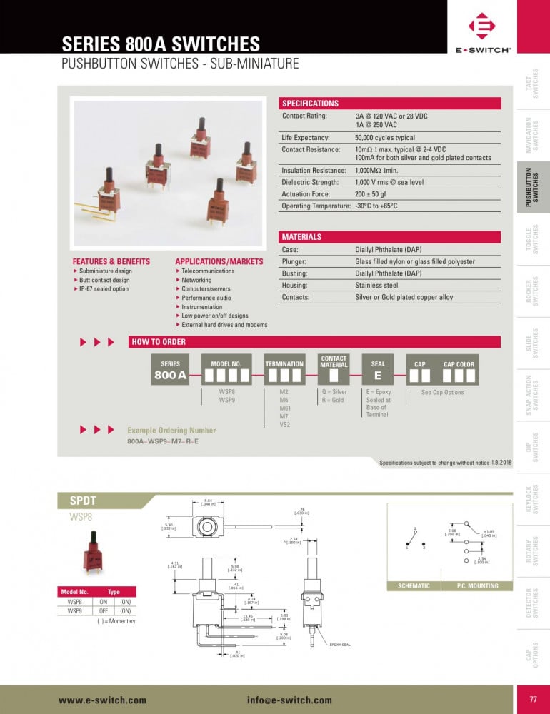 E-Switch 800A sub-miniature pushbutton datasheet page 1