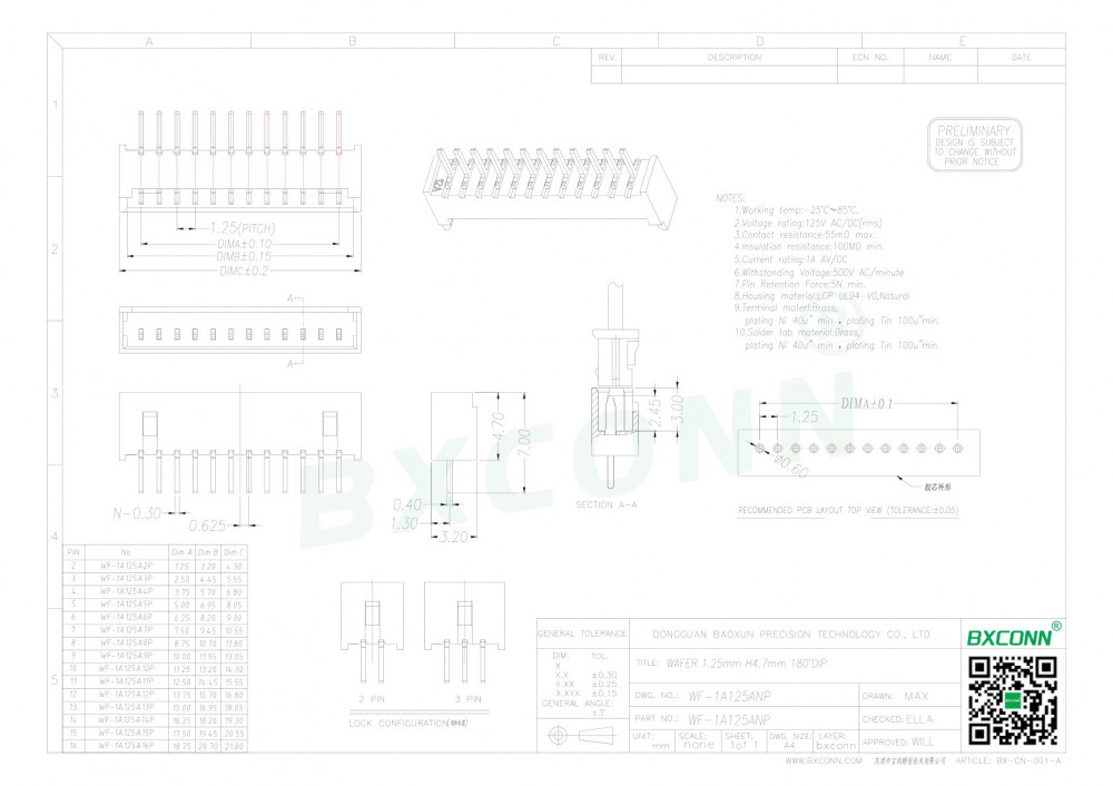 BXCONN WF-1A125AxP technical drawing page