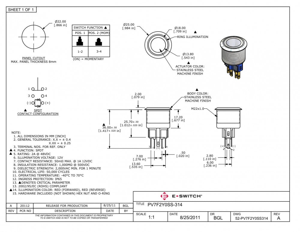 E-Switch PV7F2Y0SS-314 technical drawing