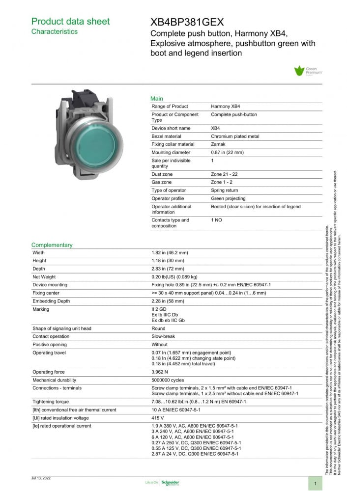 XB4BP381GEX technical document page 1