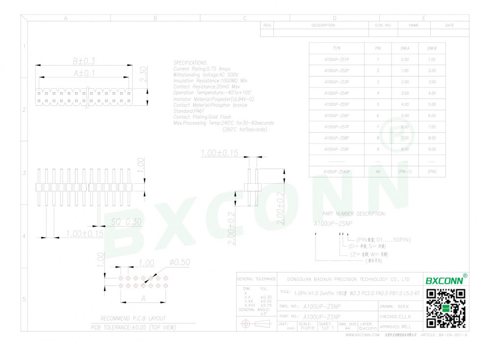 BXCONN A100UP-ZSxP product drawing and specification sheet