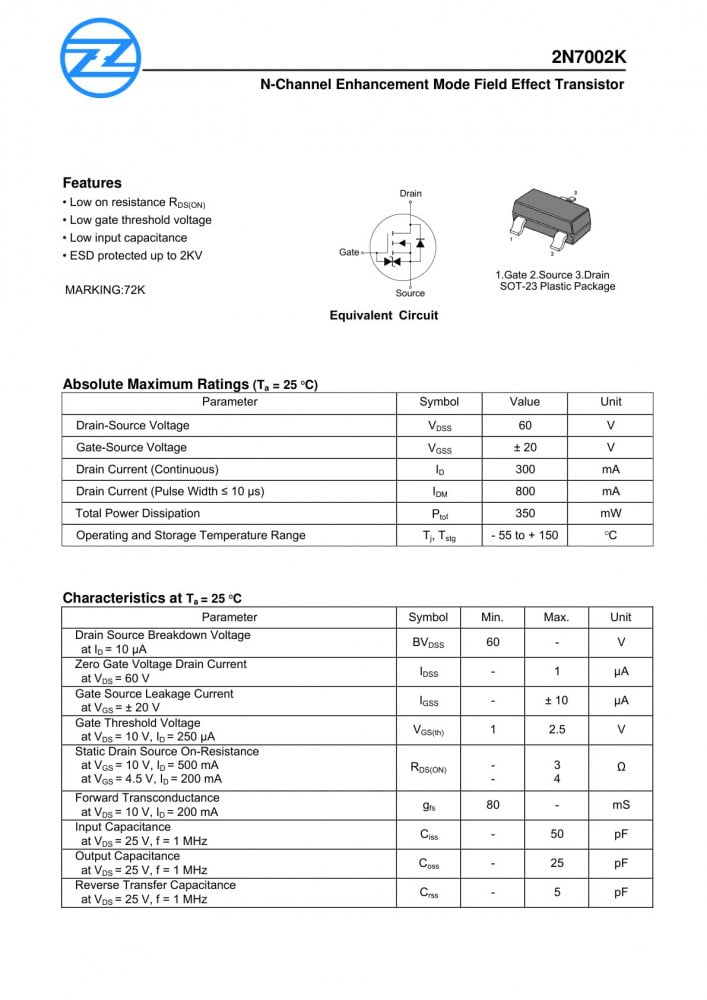 2N7002K datasheet page 1