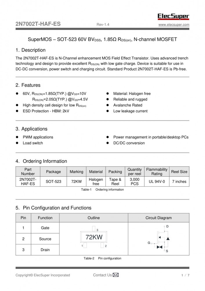 2N7002T-HAF-ES datasheet page 1