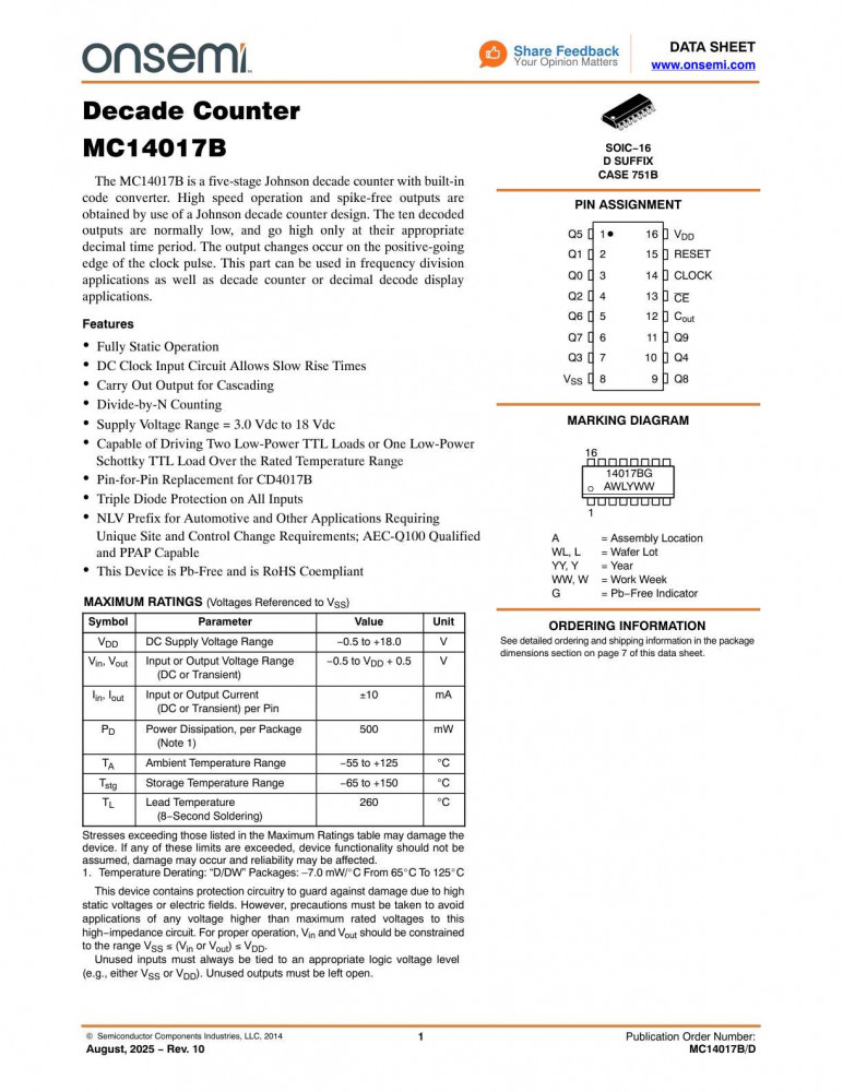 MC14017B technical document page 1
