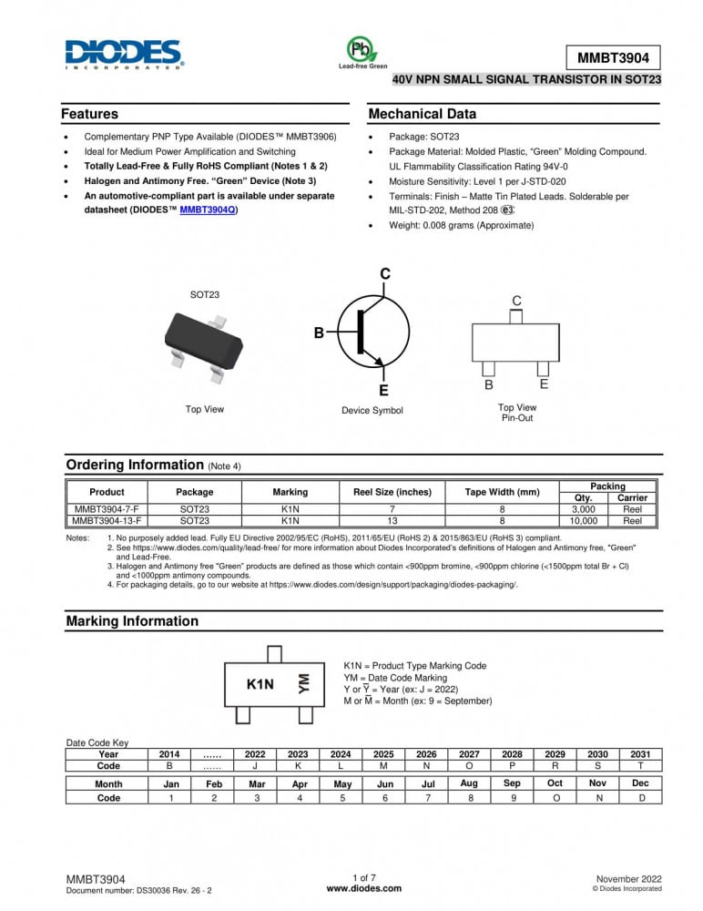 MMBT3904-7-F datasheet page 1